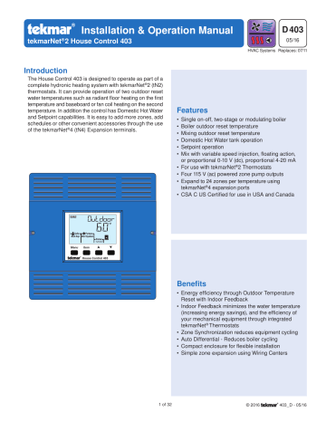 Tekmar tN2 House Control 403 Installation & Operation Manual | Manualzz