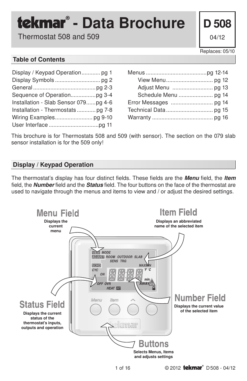 tekmar Thermostat 508 , Thermostat 509 User manual | Manualzz