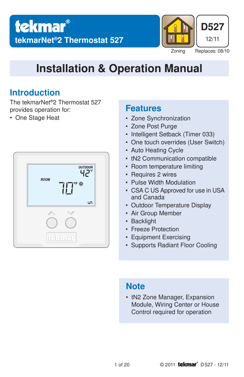 Tekmar 2 Thermostat 530 Installation & Operation Manual | Manualzz
