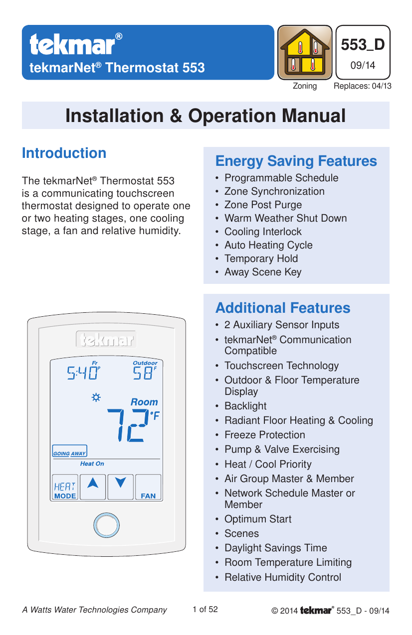 Tekmar Thermostat 553 Installation & Operation Manual | Manualzz