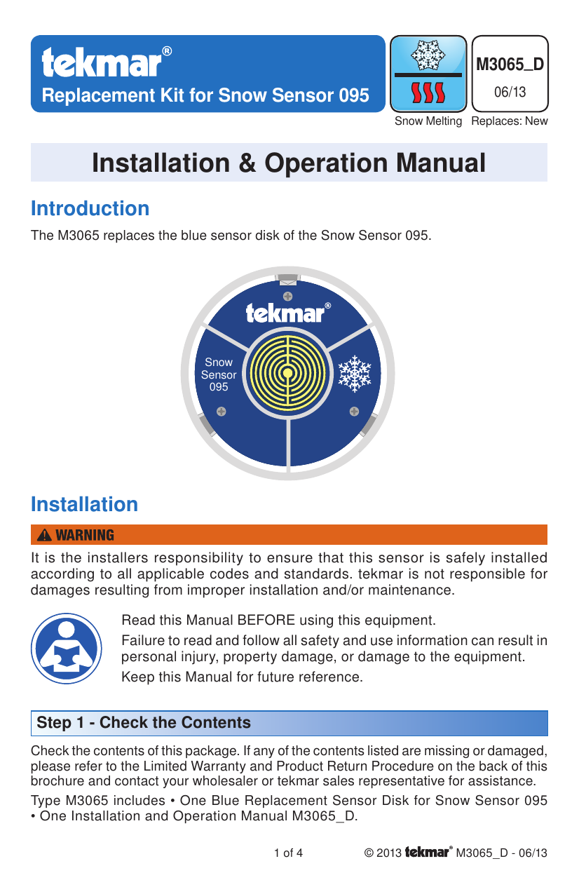 Tekmar Snow Sensor 095 M3065 Installation & Operation Manual | Manualzz