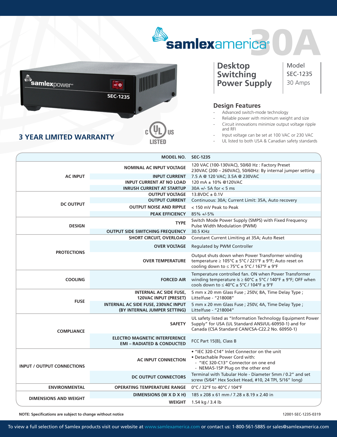 Samlexpower SEC-1235 30 Amp Switching Power Supply Specification | Manualzz