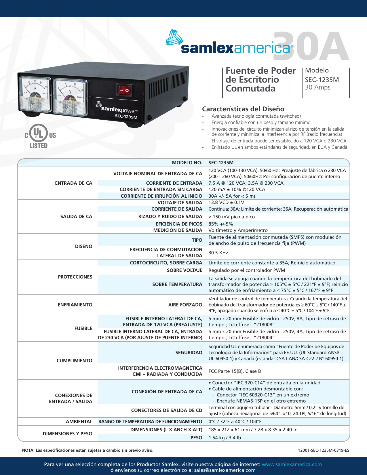 Samlexpower SEC-1235M 30 Amp Switching Power Supply Especificación ...