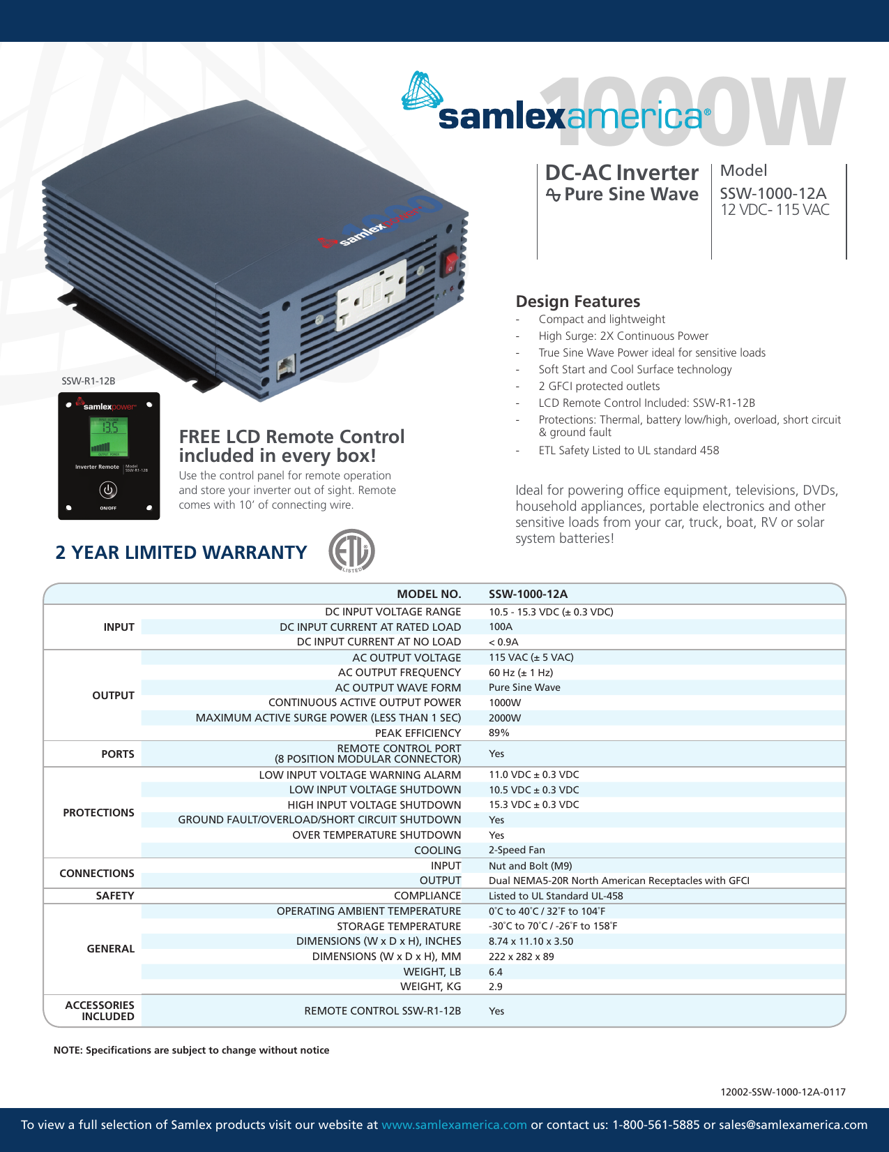 Samlexpower SSW-1000-12A 1000 Watt Pure Sine Wave Inverter ...