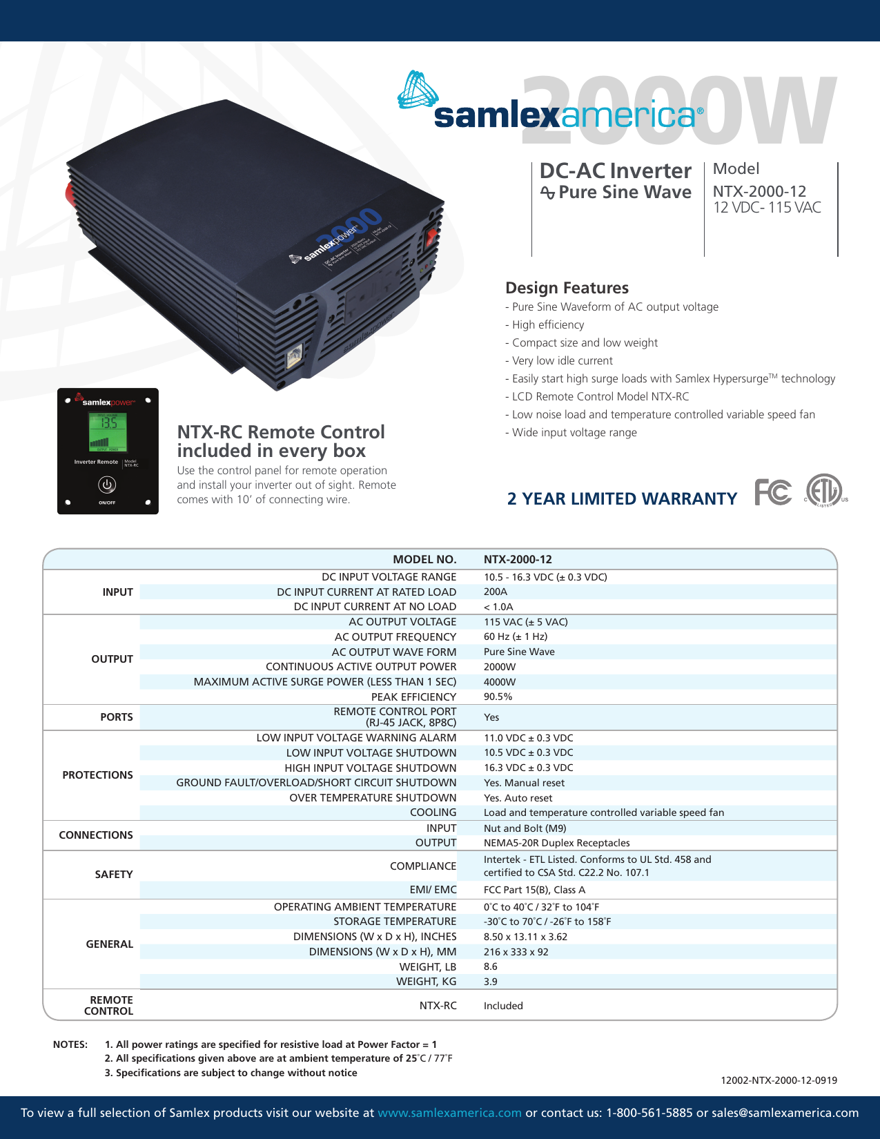 Samlexpower NTX-2000-12 2000 Watt Pure Sine Wave Inverter Specification ...