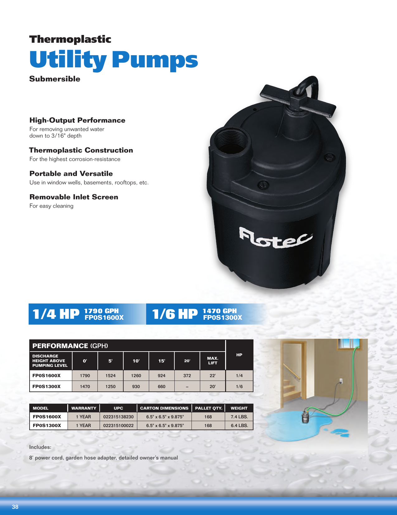 Flotec FP0S1600X 1/4 HP Submersible Water Removal Utility Pump ...