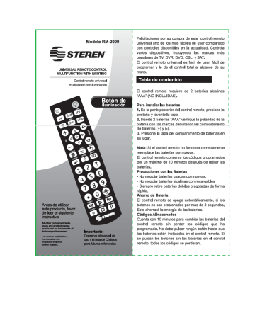 Manual de usuario del control remoto universal Steren RM-2000 | Manualzz