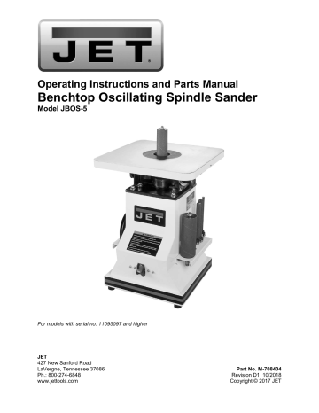 Jet JBOS-5 Benchtop Oscillating Spindle Sander, 1/2HP, 1Ph 115V Owner ...