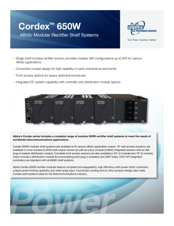 Alpha 48Vdc Cordex 650W Shelf System Datasheet | Manualzz