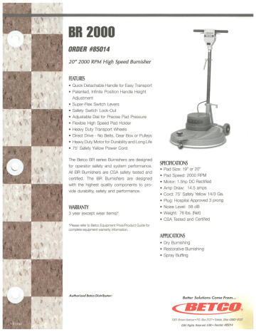Betco BR2000 CE Burnisher - Cord-Electric Owner's Manual | Manualzz