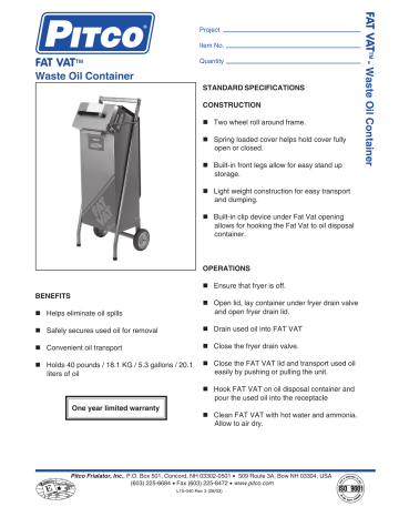 Pitco Frialator FAT VAT General Manual | Manualzz