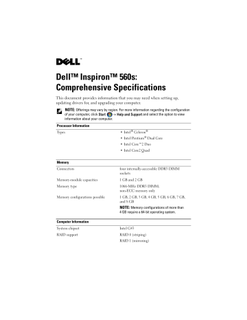 Dell Inspiron 560s desktop Specifications | Manualzz