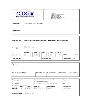Roxar CORRLOG (ATEX) TERMINAL PN 22780KIT User Manual | Manualzz