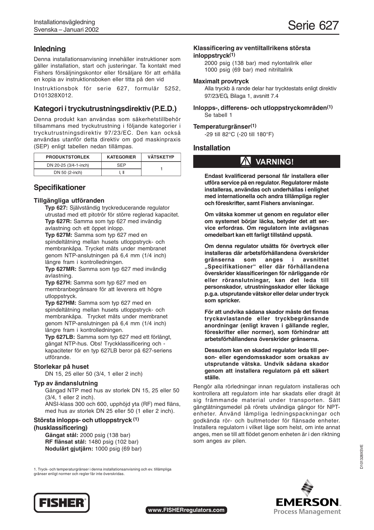 Fisher 627, 627R, 627M, 627MR, 627H, 627HM, 627LB Installation guide ...