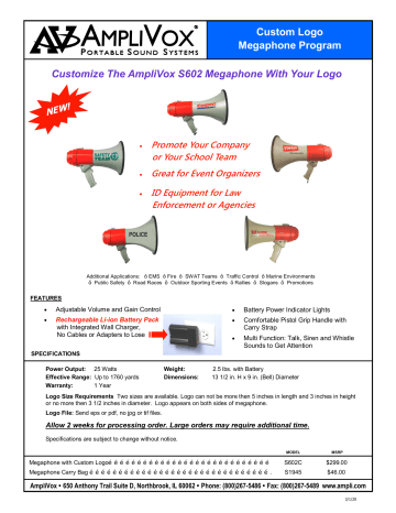 AmpliVox S1405 Custom Logo Megaphone Program Spec Sheet | Manualzz