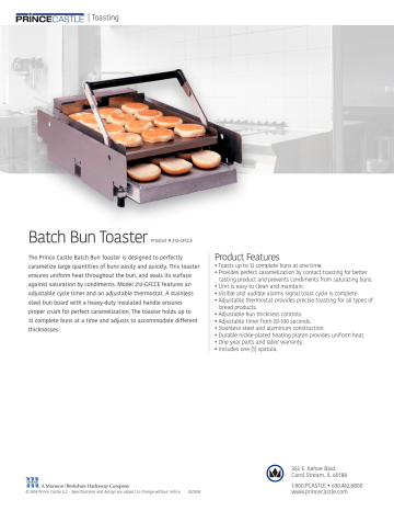 Prince Castle Batch Bun Toaster Spec Sheet | Manualzz