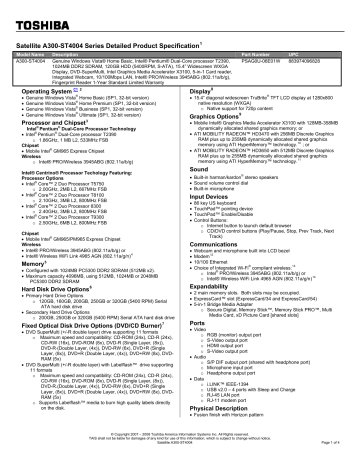Toshiba A300-ST4004 Laptop Specification | Manualzz