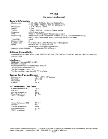 Toshiba T5100 Laptop Specification | Manualzz
