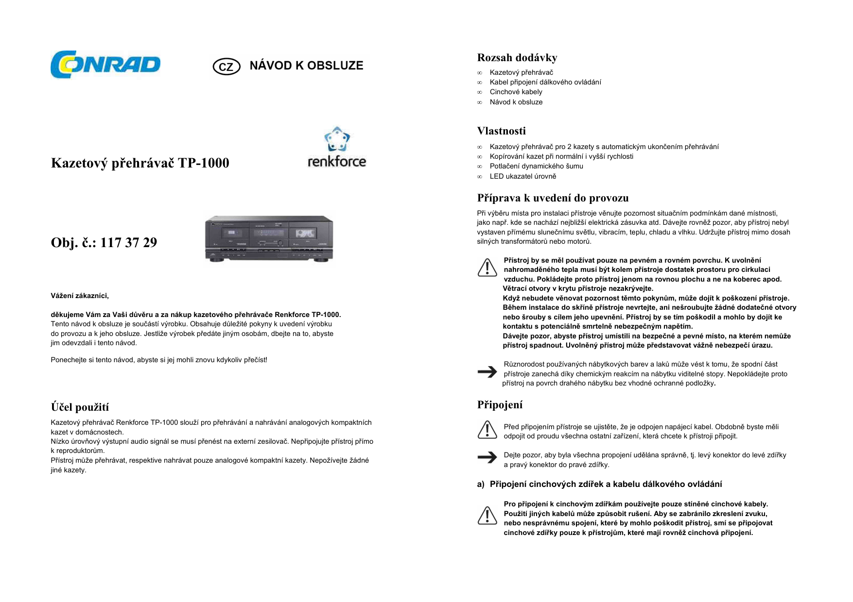 Renkforce TP-1000 Cassette deck Návod na obsluhu | Manualzz