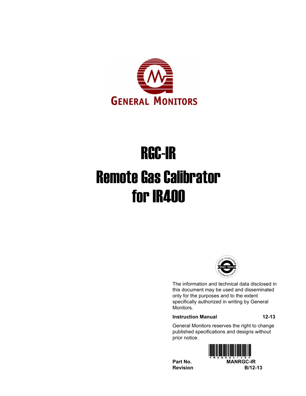 General Monitors RGC-IR - Remote Gas Calibrator for Point IR Detectors ...