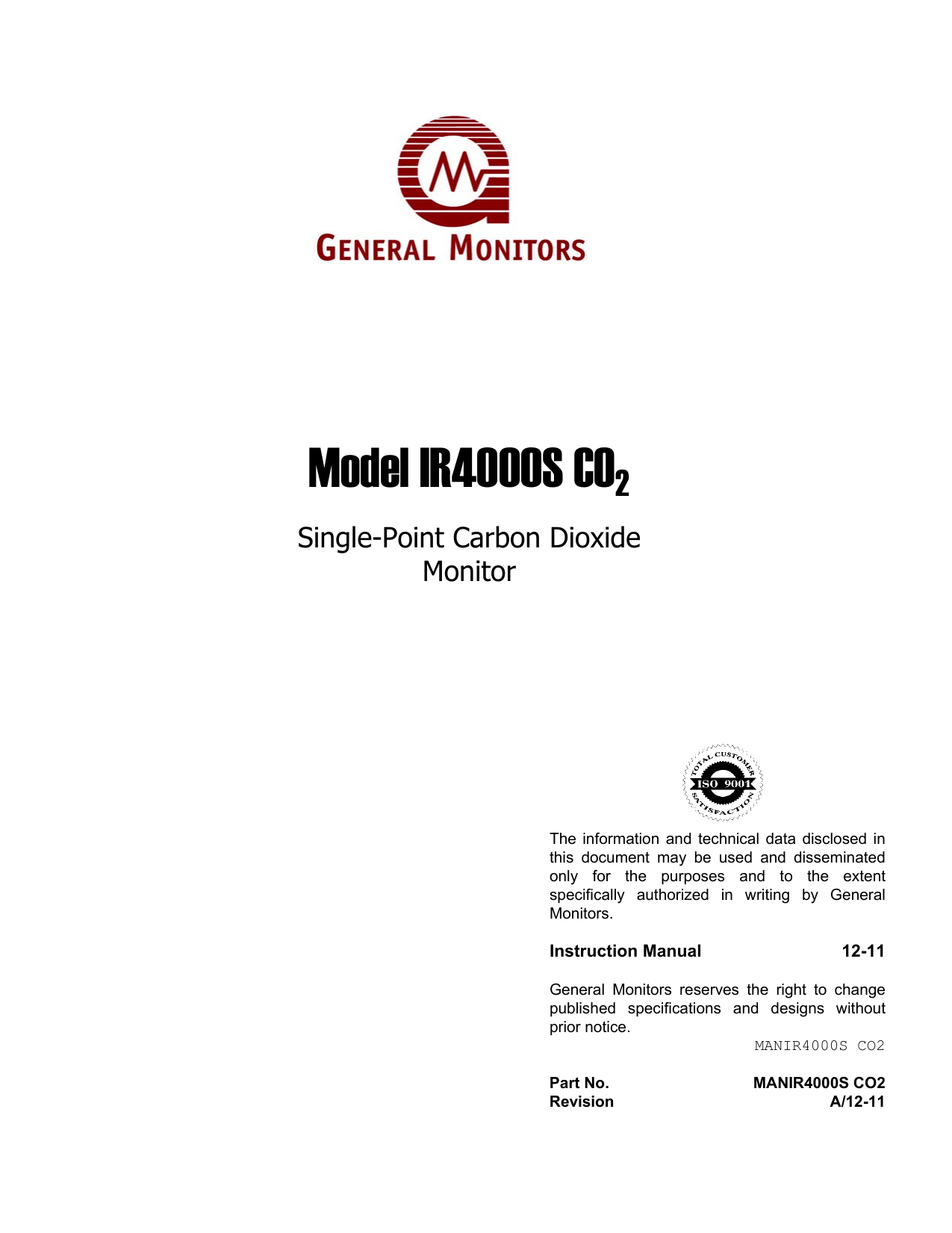 General Monitors IR4000S-CO2 Single Point Gas Monitor Owner's Manual ...