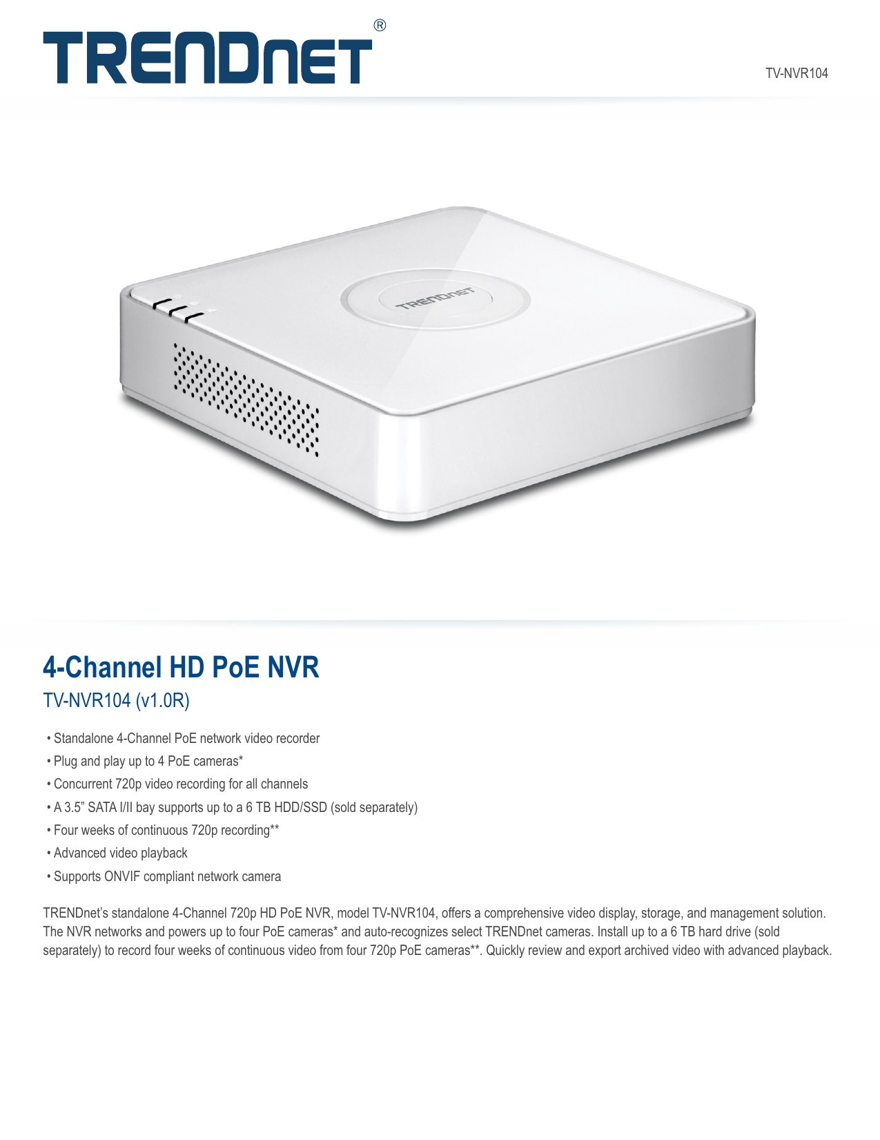 TRENDnet RB-TV-NVR104 4-Channel HD PoE NVR Datasheet | Manualzz