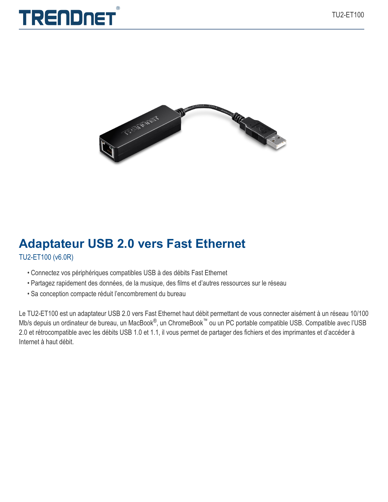 Trendnet TU2-ET100 USB 2.0 to Fast Ethernet Adapter Fiche technique ...