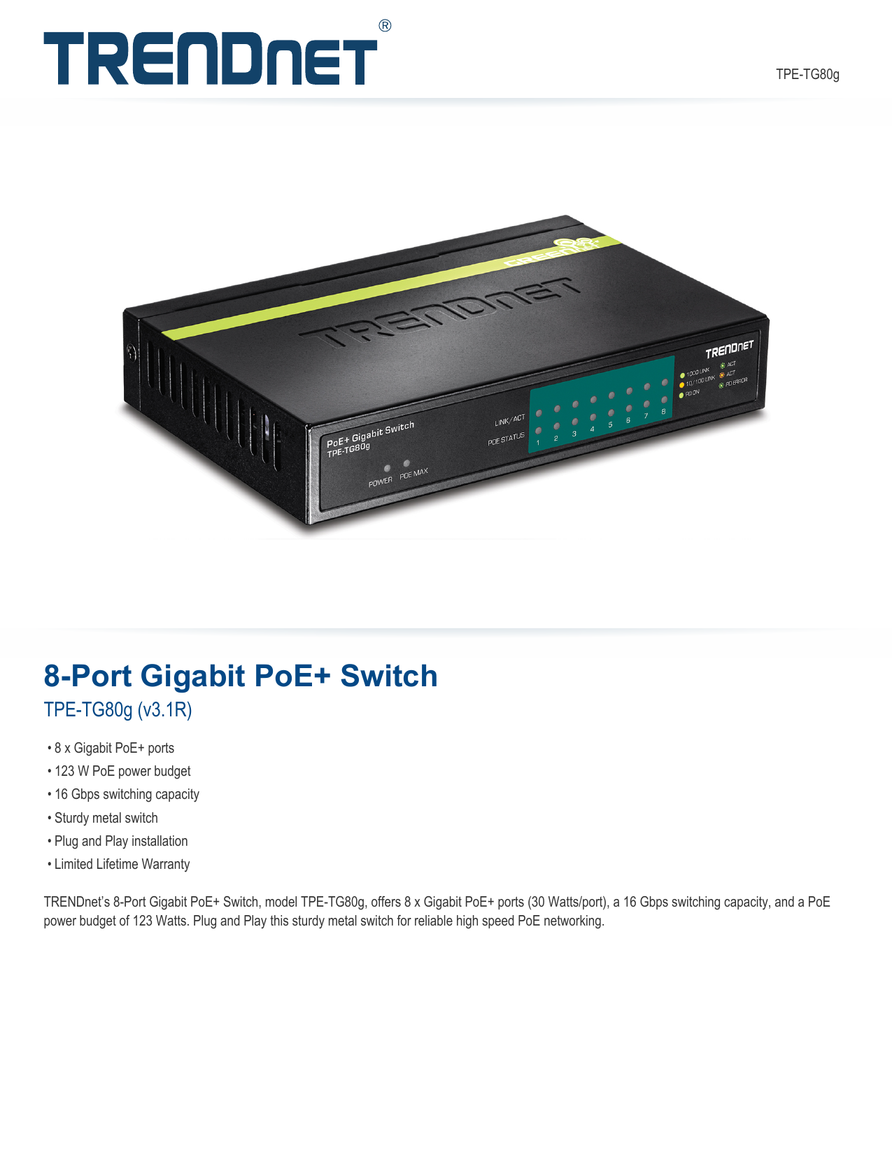 TRENDnet TPE-TG80g 8-Port Gigabit PoE+ Switch Datasheet | Manualzz