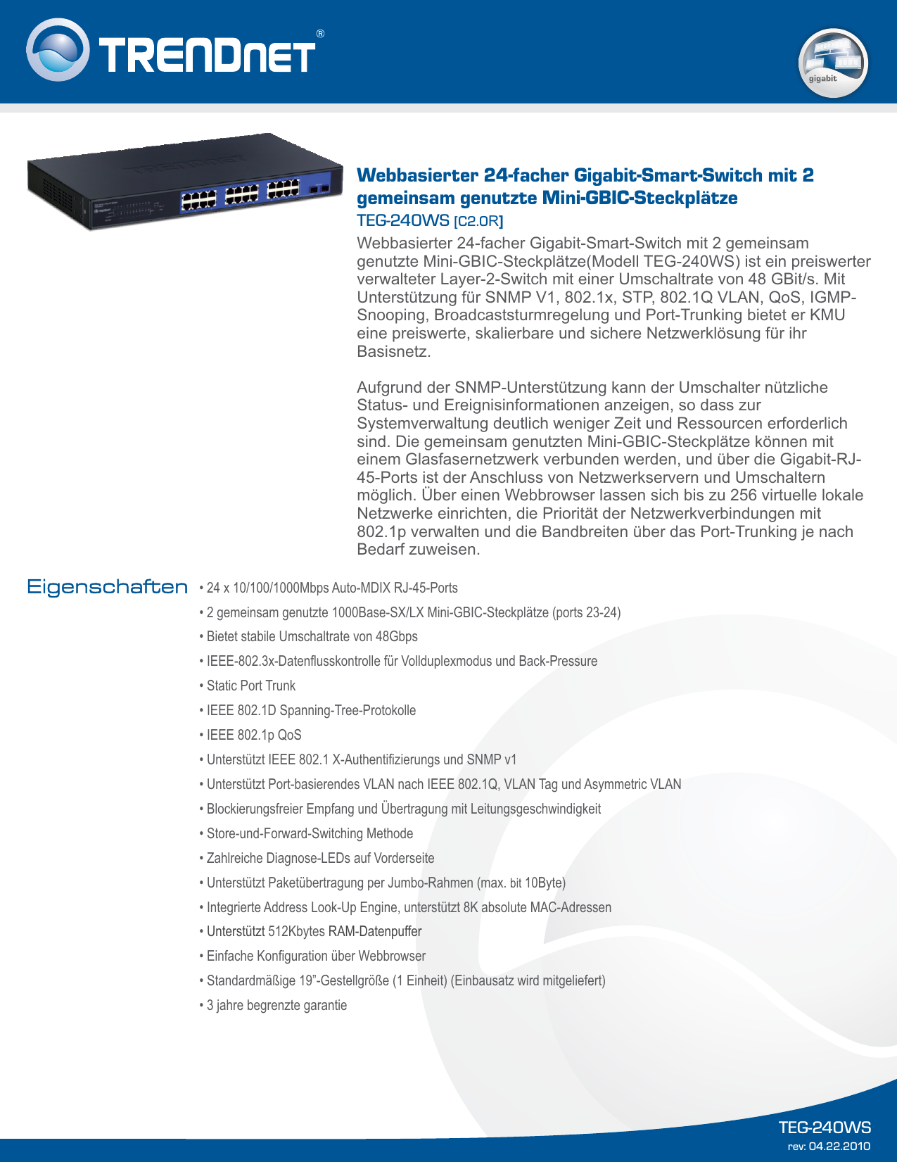 Trendnet TEG-240WS 24-Port Gigabit Web Smart Switch Datenblatt | Manualzz