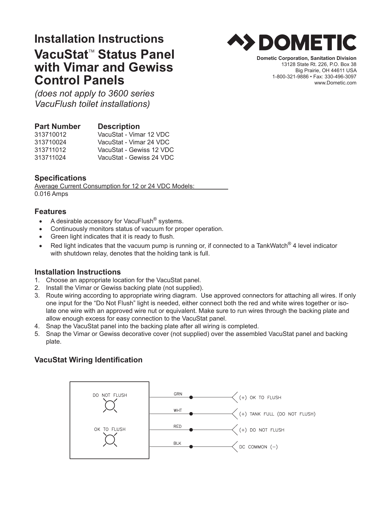 Dometic VacuStat Status Panel Installation guide | Manualzz