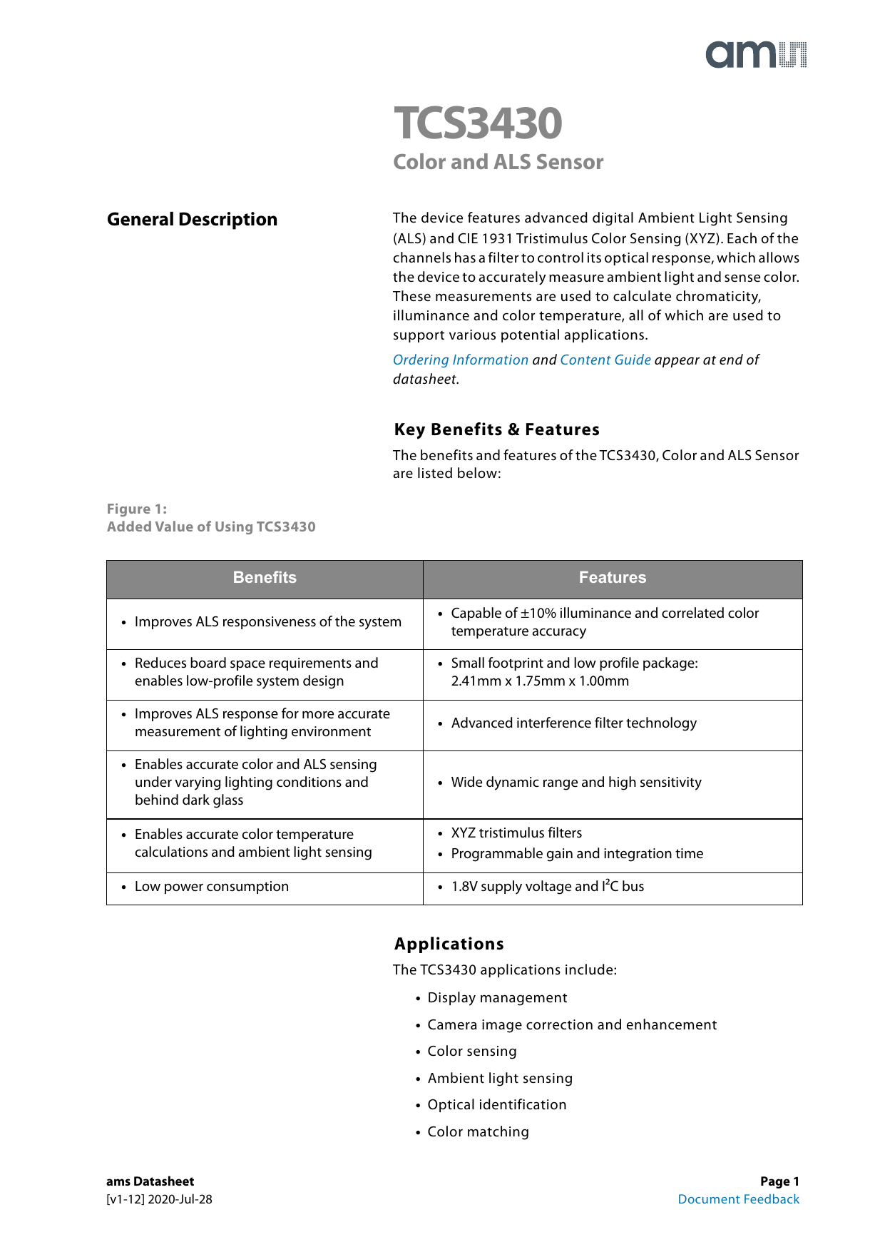 AMS TCS3430 Light Sensor Datasheet | Manualzz