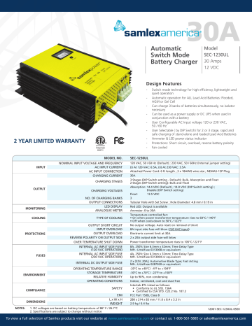 Samlexpower SEC-1230UL 12 Volt, 30 Amp Battery Charger Specification ...