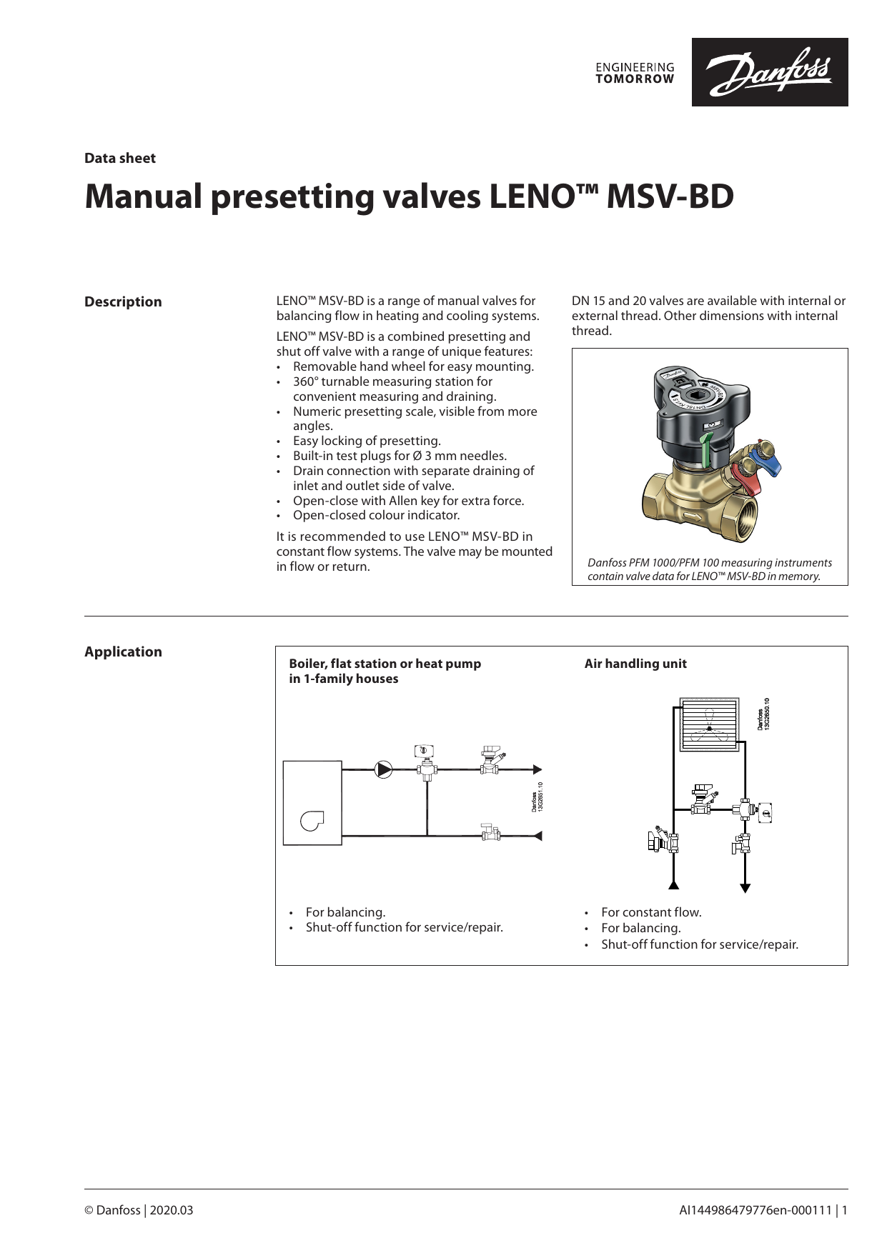 Danfoss LENO™ MSV-BD Datasheet | Manualzz