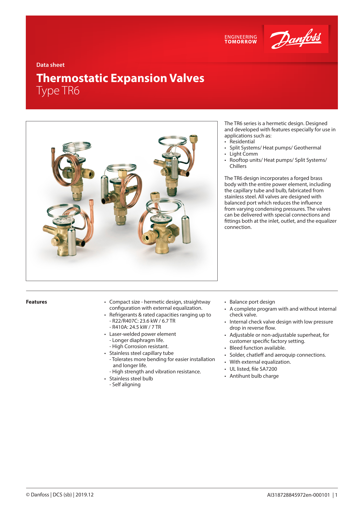 Danfoss Thermostatic Expansion Valves TR6 数据表 | Manualzz