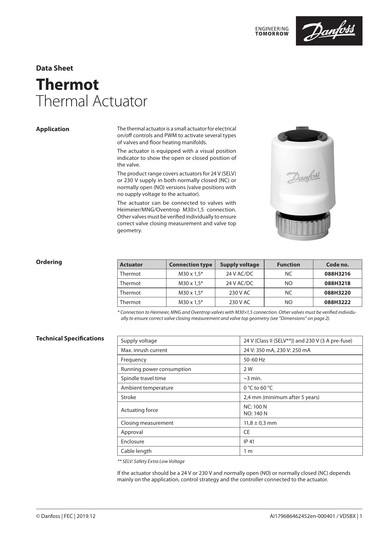 Danfoss Thermot, thermal actuator Datasheet | Manualzz