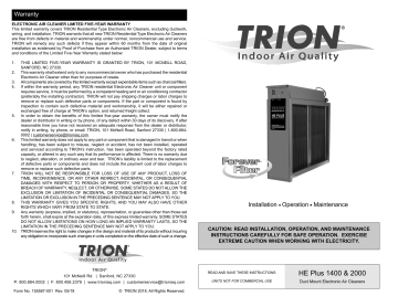 Trion HE Series Electronic Air Cleaners Product Manual | Manualzz