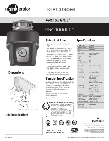 Insinkerator Evolution Pro 1000LP Data Sheet | Manualzz