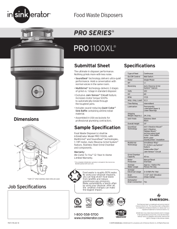 Insinkerator Evolution Pro 1100XL Data Sheet | Manualzz