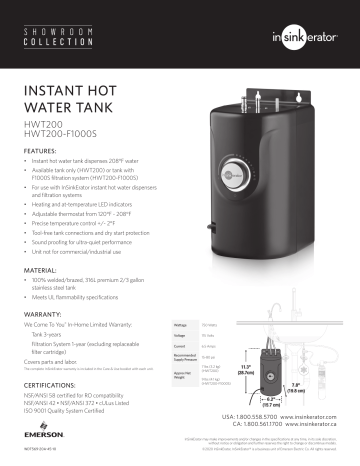 Insinkerator Instant Hot Water Service Tank Data Sheet | Manualzz