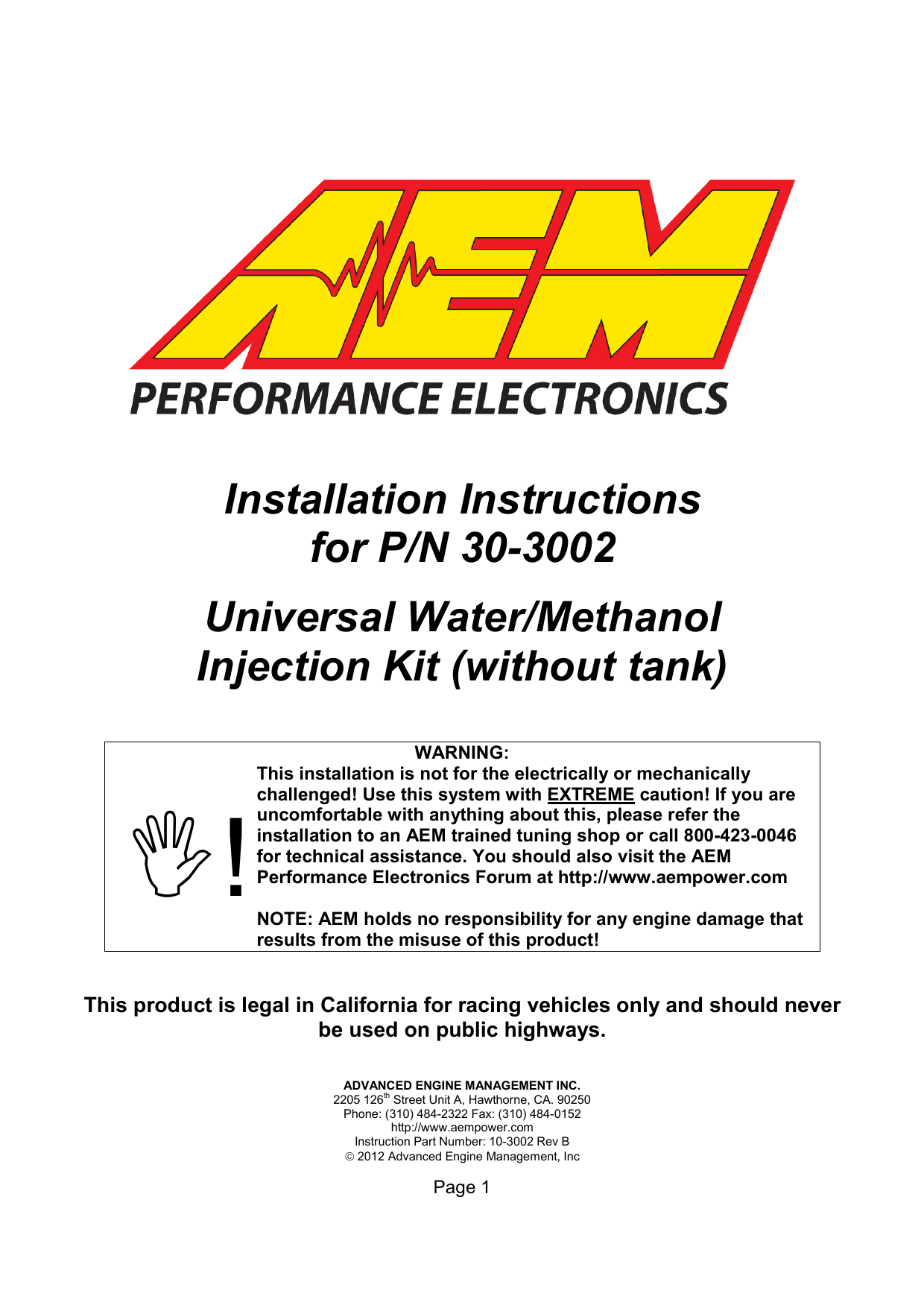 AEM 30-3302 V2 Water Methanol Nozzle and Controller Kit Instructions ...