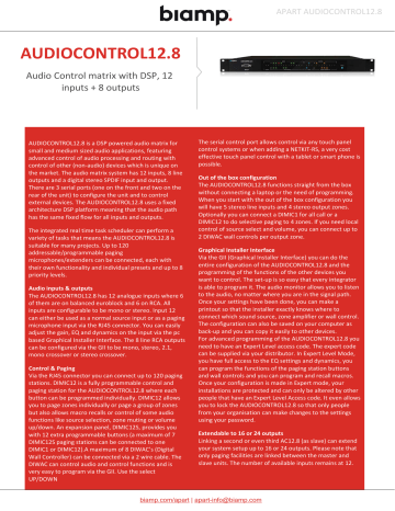 Biamp Apart AUDIOCONTROL12.8 Data Sheet | Manualzz