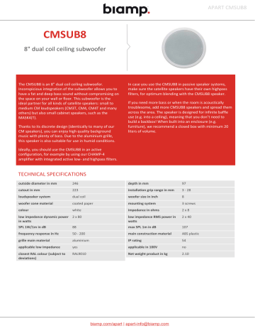 Biamp Apart CMSUB8 Data Sheet | Manualzz