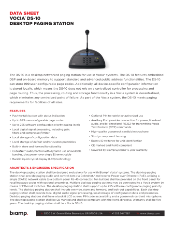 Biamp Vocia DS-10 Data Sheet | Manualzz