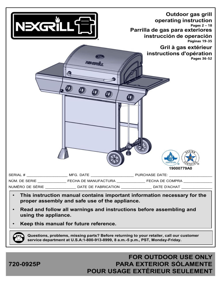 Nexgrill 720-0925P Operating instructions | Manualzz