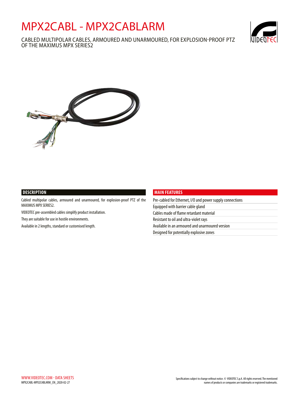 Videotec MPX2CABL - MPX2CABLARM multipolar cables, armoured and ...