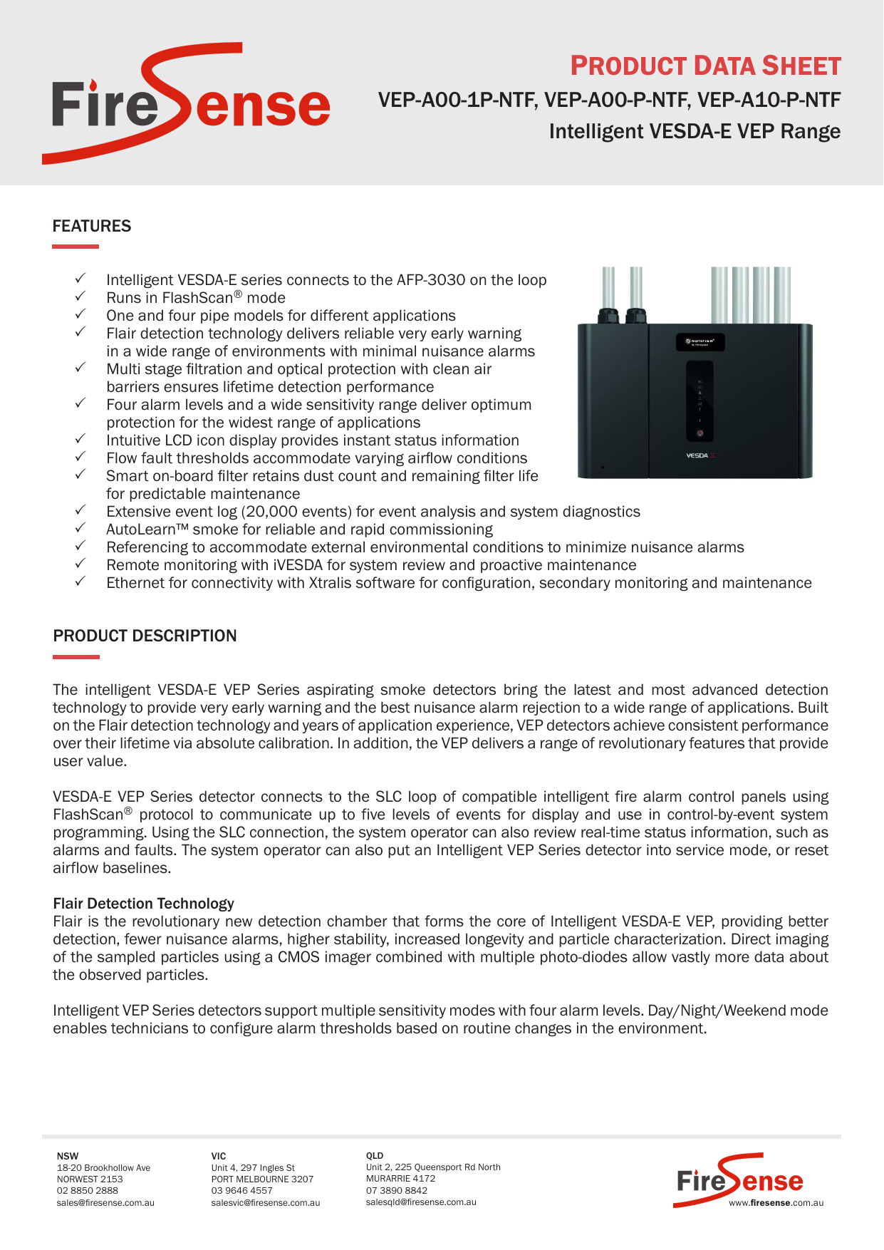 Firesense VESDA-E VEP Intelligent Range Datasheet | Manualzz