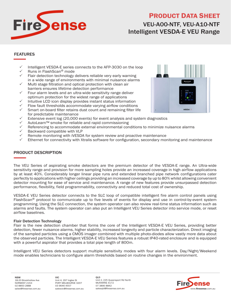 Firesense VESDA-E VEU Intelligent Range Datasheet | Manualzz
