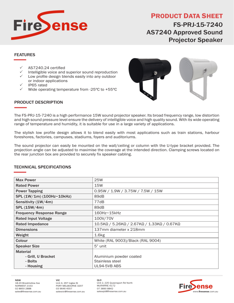 Firesense Sound Projector Speaker Datasheet | Manualzz