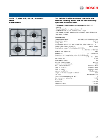 Bosch PBP6B5B60 Stainless steel 60 cm Gas hob Serie | 2 Product spec ...