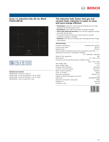 Bosch PUE611BF1B Black 60 cm Induction hob Serie | 4 Product spec sheet ...